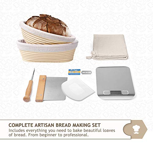 La Patisserie Bread Proofing Basket – 11 Piece Bread Baking Kit with Round and Oval Banneton Basket, Liners, Dough Scrapers, Scoring Lame, Blades, Digital Scale, Canvas Bread Bag