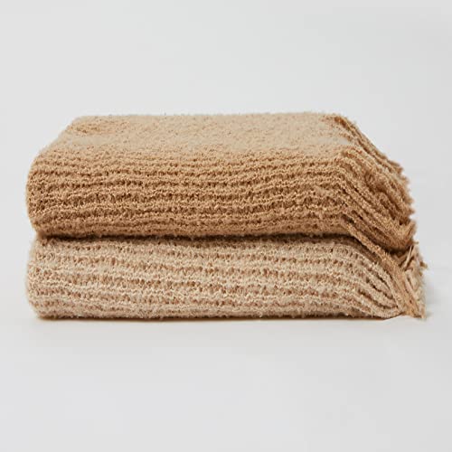 ZonLi Textured Throw Blanket, 45β x 65β, Bulky Knit with Fringe Tassel, Splicing Dual-Color, Oat and Light Brown, for Sofa Chair Couch Bed Living Bed Room