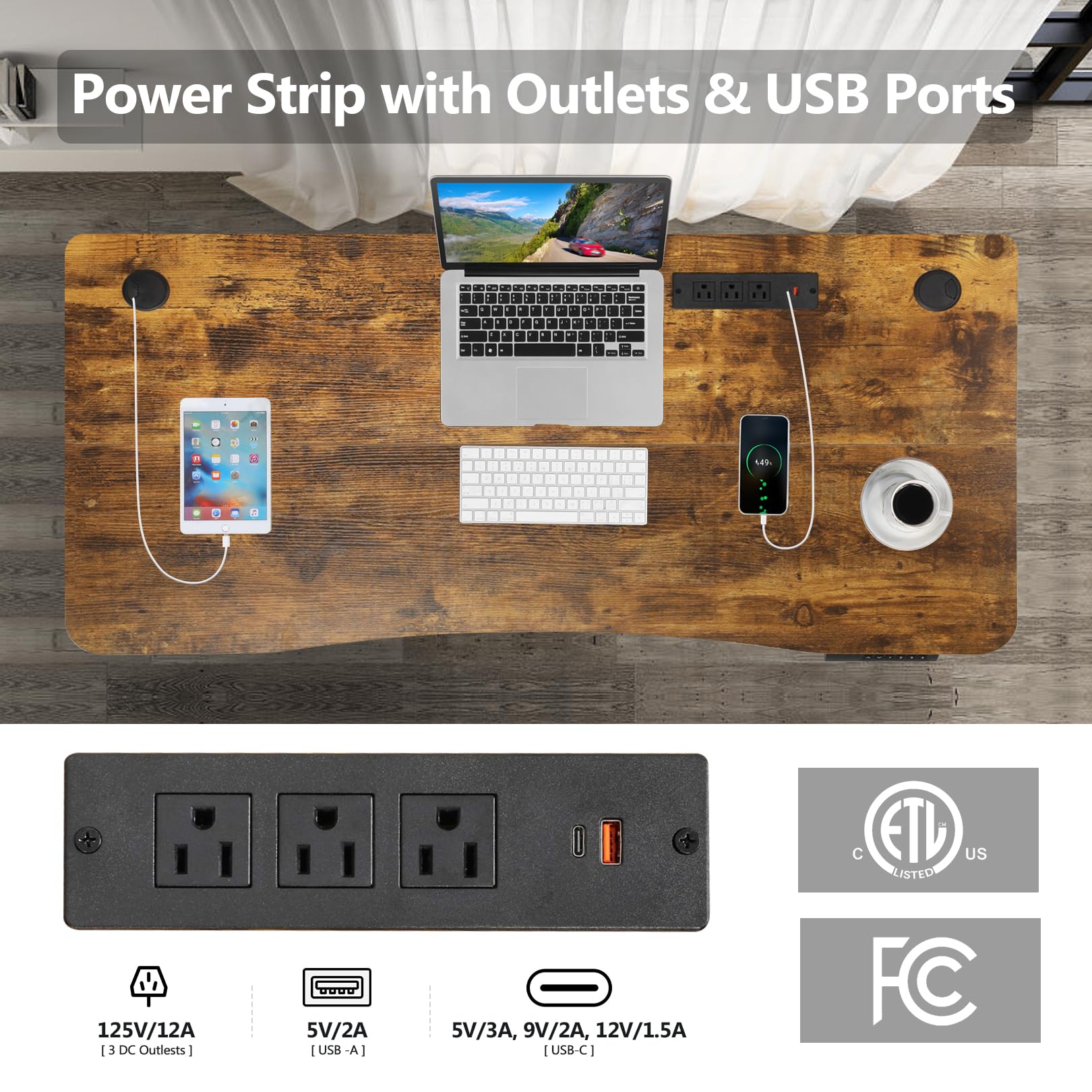 farexon 55 x 24 inch Standing Desk Electric Adjustable Height with Charging Station, Stand up Desk with Oversized Mouse Pad, Ergonomic Curved Workstation, 4 Caster, 4 Preset Heights Easy to Set(Brown