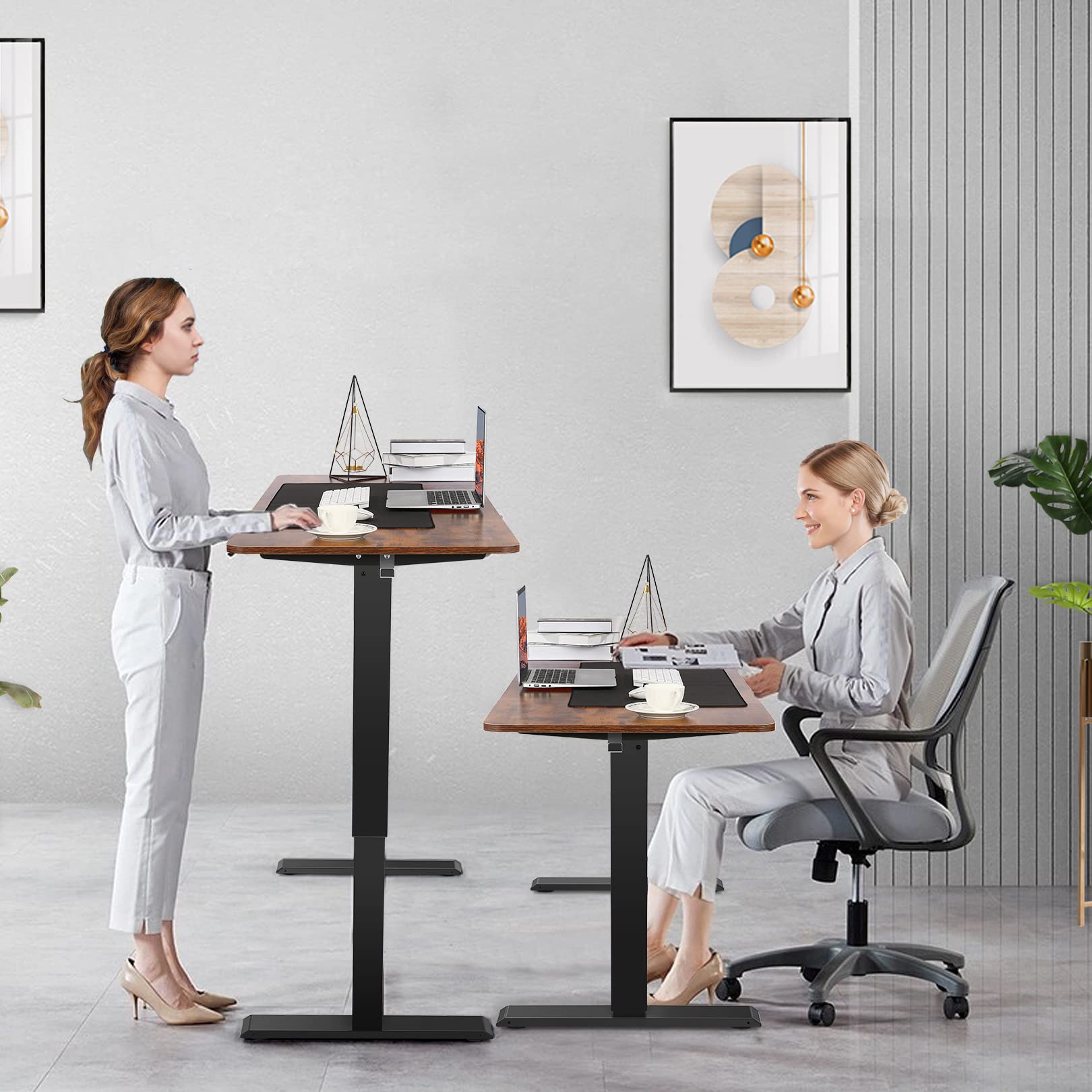 farexon 55 x 24 inch Standing Desk Electric Adjustable Height with Charging Station, Stand up Desk with Oversized Mouse Pad, Ergonomic Curved Workstation, 4 Caster, 4 Preset Heights Easy to Set(Brown