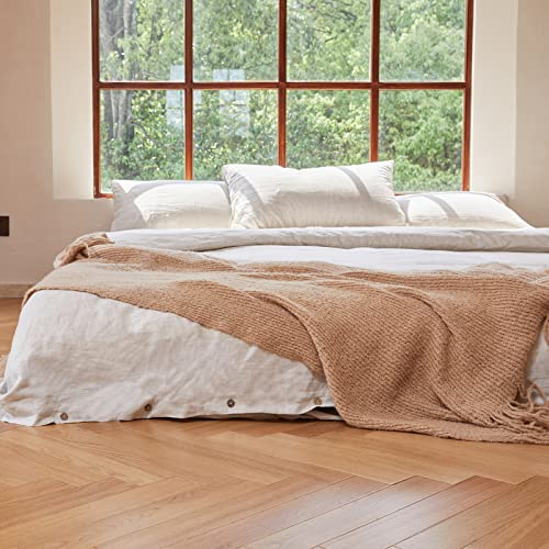 ZonLi Textured Throw Blanket, 45β x 65β, Bulky Knit with Fringe Tassel, Splicing Dual-Color, Oat and Light Brown, for Sofa Chair Couch Bed Living Bed Room