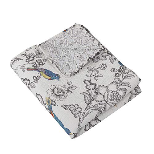 Levtex Home - Mockingbird - Quilted Throw - 50x60in. - Grey Toile with Birds and Butterflies - Reversible Pattern - Cotton