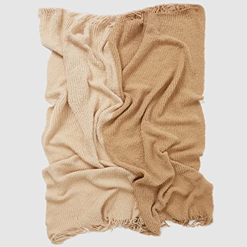 ZonLi Textured Throw Blanket, 45β x 65β, Bulky Knit with Fringe Tassel, Splicing Dual-Color, Oat and Light Brown, for Sofa Chair Couch Bed Living Bed Room