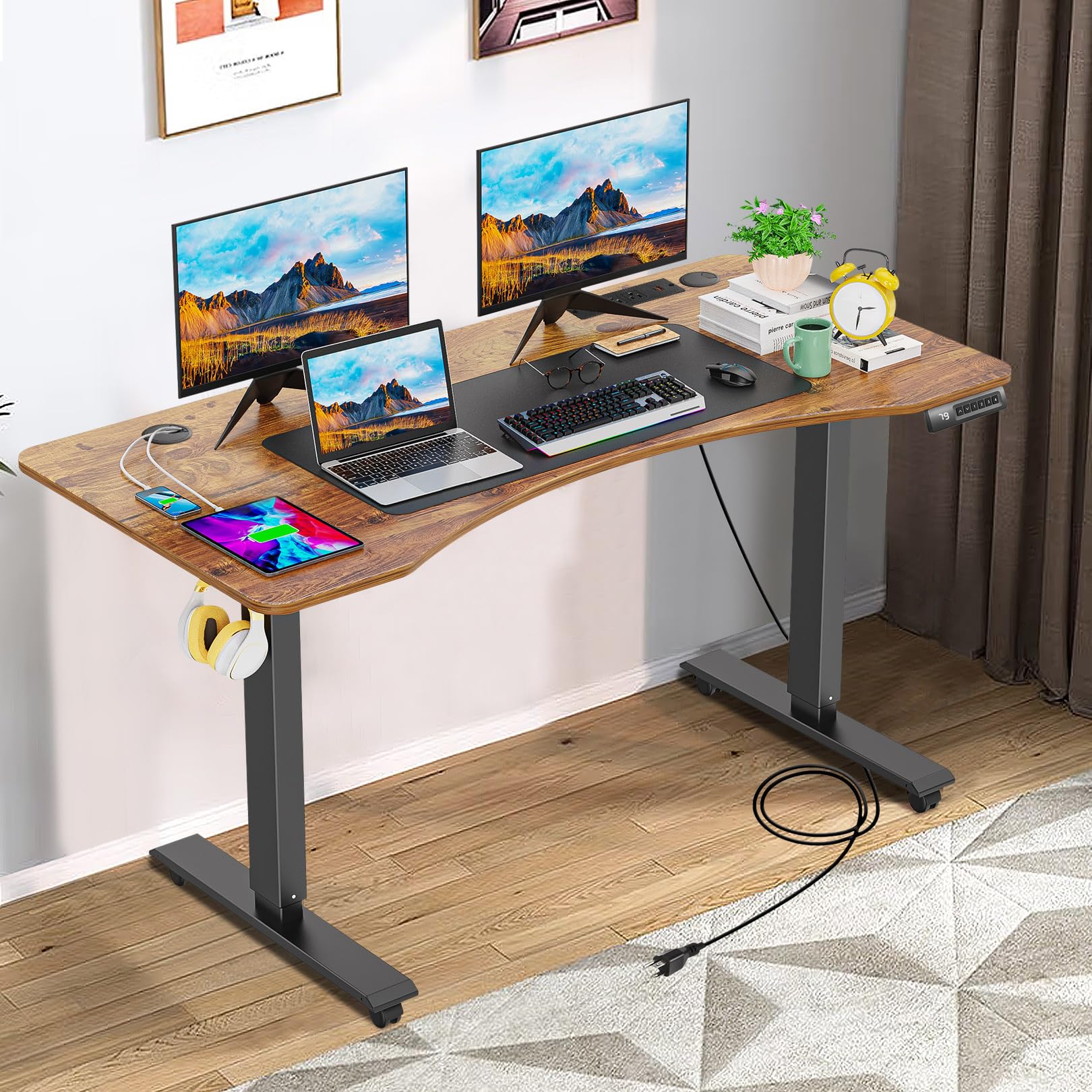 farexon 55 x 24 inch Standing Desk Electric Adjustable Height with Charging Station, Stand up Desk with Oversized Mouse Pad, Ergonomic Curved Workstation, 4 Caster, 4 Preset Heights Easy to Set(Brown
