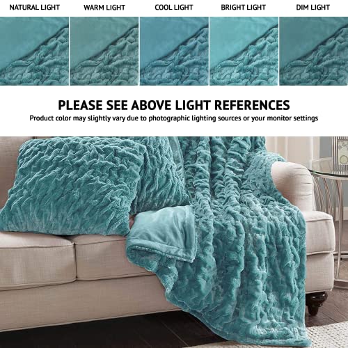Comfort Spaces Ruched Faux Fur Plush 3 Piece Throw Blanket Set Ultra Soft Fluffy with 2 Square Pillow Covers, 50"x60", Teal
