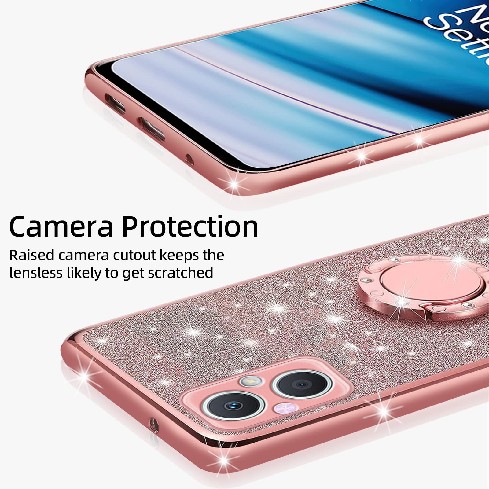 KuDiNi for N20 Phone Case, OnePlus Nord N20 5G Case for Women Cute Glitter Crystal Soft Clear Tpu Luxury Bling Protective Cover with Kickstand Strap for OnePlus Nord N20 5G (Glitter Rose)