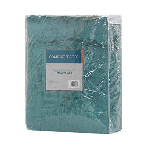 Comfort Spaces Ruched Faux Fur Plush 3 Piece Throw Blanket Set Ultra Soft Fluffy with 2 Square Pillow Covers, 50"x60", Teal