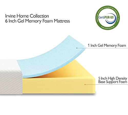 Irvine Home Collection Twin Size 6-Inch, Cooling Gel Memory Foam Mattress, Medium Firm, Cool Sleep and Pressure Relief, CertiPUR-US Certified, Great for Kids, Bunk Beds, Trundles, Campers, Daybeds