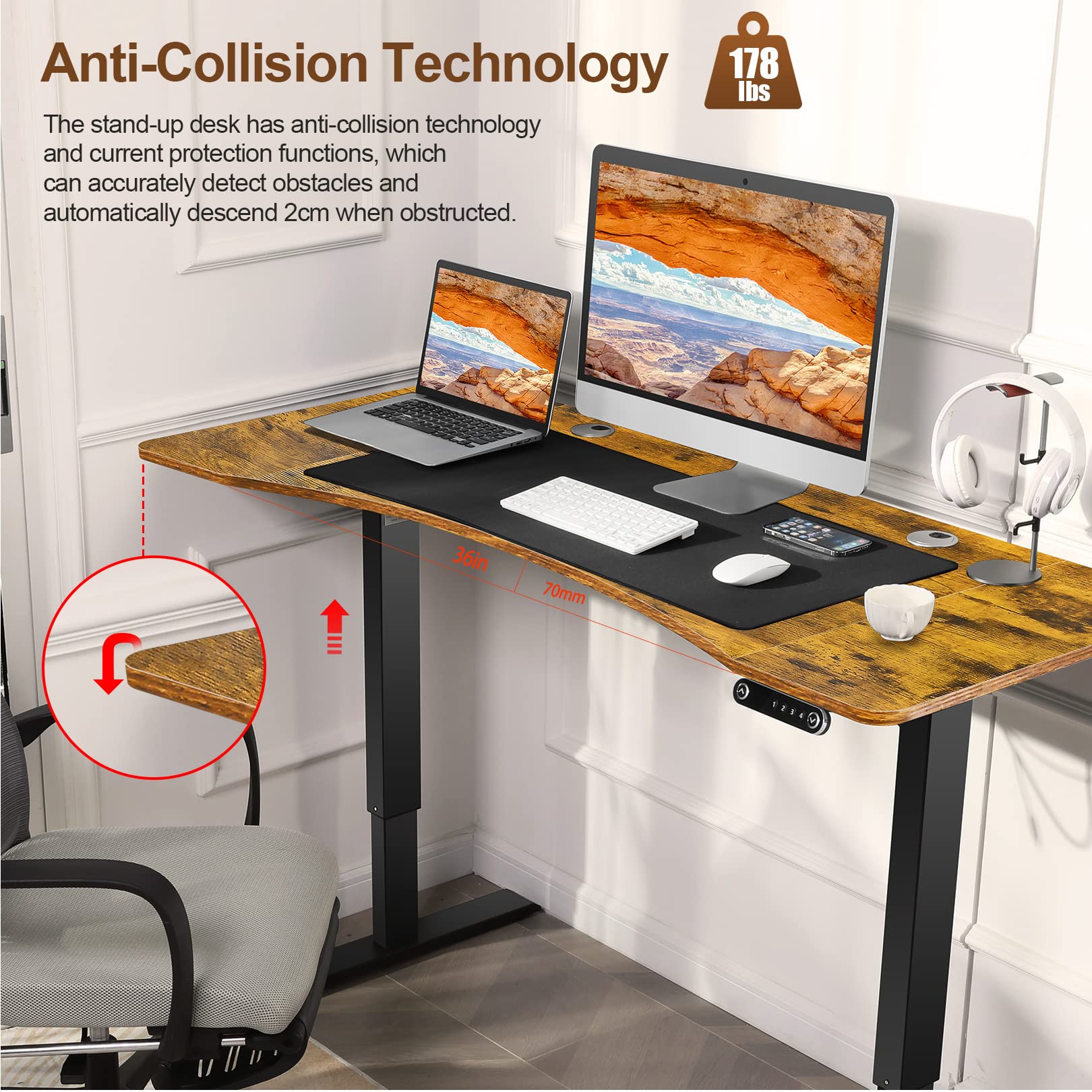 farexon 55 x 24 inch Standing Desk Electric Adjustable Height with Charging Station, Stand up Desk with Oversized Mouse Pad, Ergonomic Curved Workstation, 4 Caster, 4 Preset Heights Easy to Set(Brown
