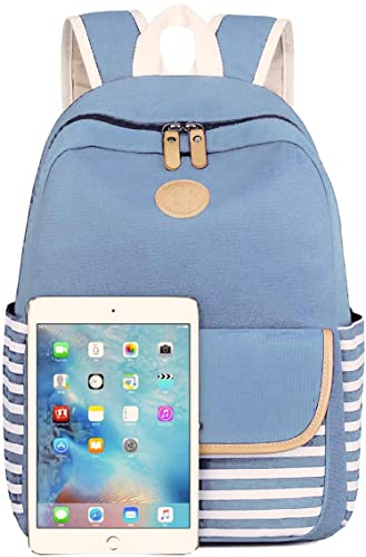 Createy 4 Pcs Canvas Backpack for Girls School Bag Kids Bookbags Teen Backpack Travel Daypack Stripe Backpack with Lunch Box and Pencil Case