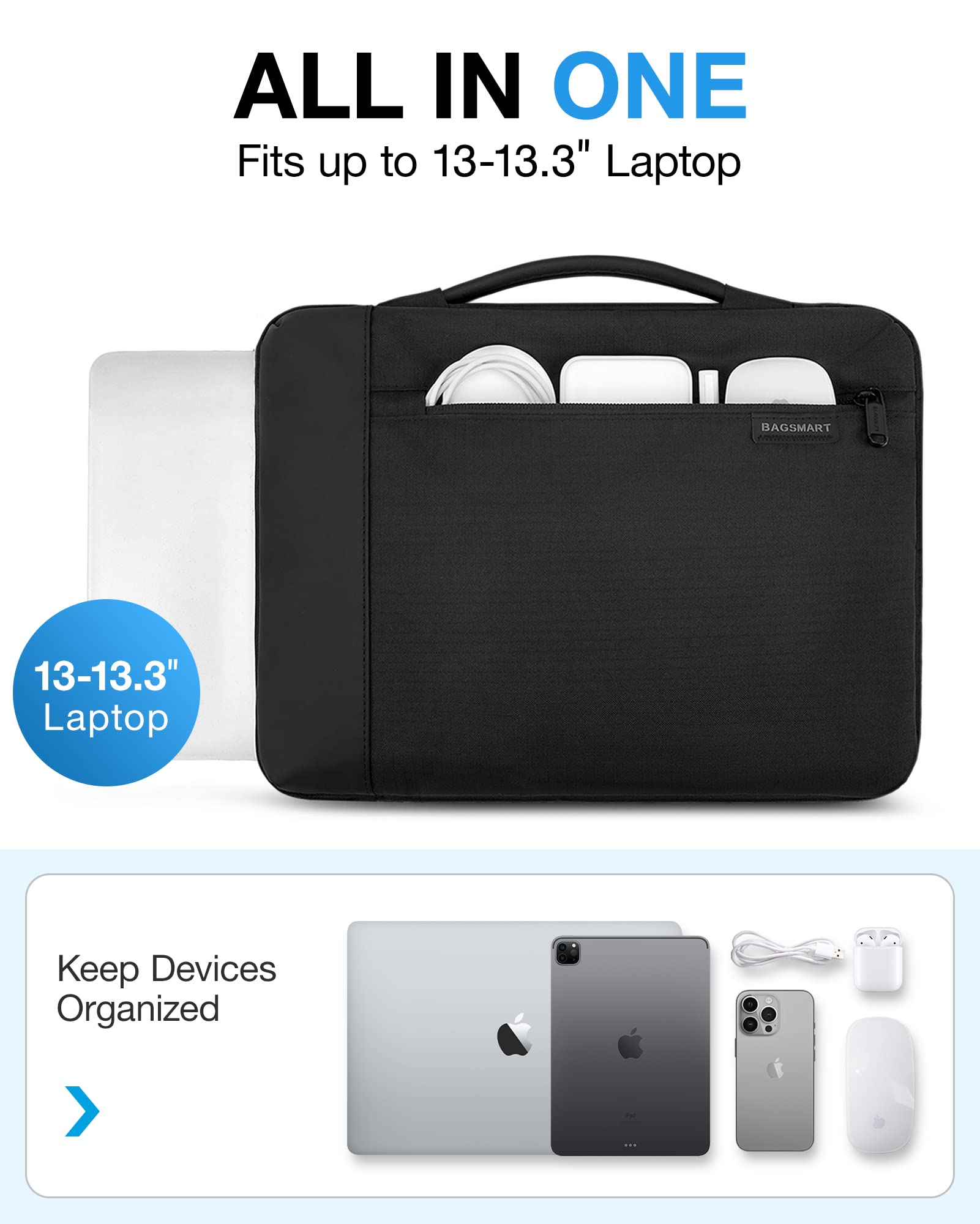Laptop Sleeve Bag, BAGSMART Laptop Case Compatible with MacBook Air/Pro Retina,13-13.3 inch Notebook Compatible with MacBook Pro 14 inch 2021 2022 M1 Pro/Max, Computer Bag with Pocket, Handle, Black