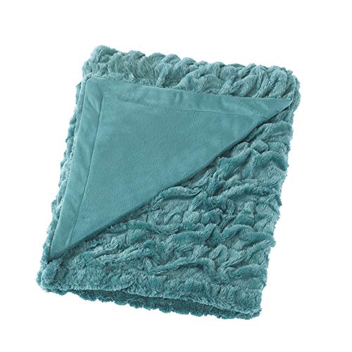Comfort Spaces Ruched Faux Fur Plush 3 Piece Throw Blanket Set Ultra Soft Fluffy with 2 Square Pillow Covers, 50"x60", Teal