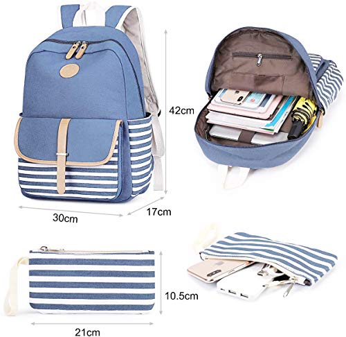 Createy 4 Pcs Canvas Backpack for Girls School Bag Kids Bookbags Teen Backpack Travel Daypack Stripe Backpack with Lunch Box and Pencil Case
