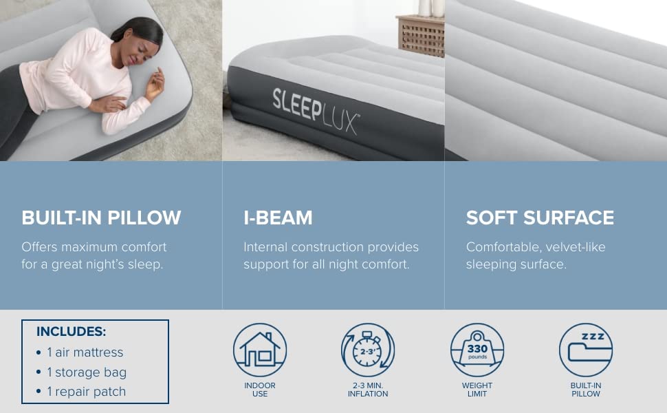 SLEEPLUX Durable Inflatable Air Mattress with Built-in Pump, Pillow and USB Charger, 15" Tall Twin