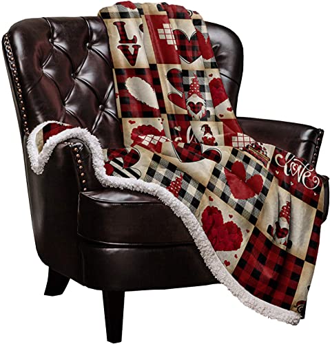Sherpa Throw Blanket Red Buffalo Plaid,Soft Cozy Blankets Love Gnome Mother's Day,Romantic Thick Reversible Fleece Flannel Plush Microfiber Throws for Couch Bed Sofa Wedding