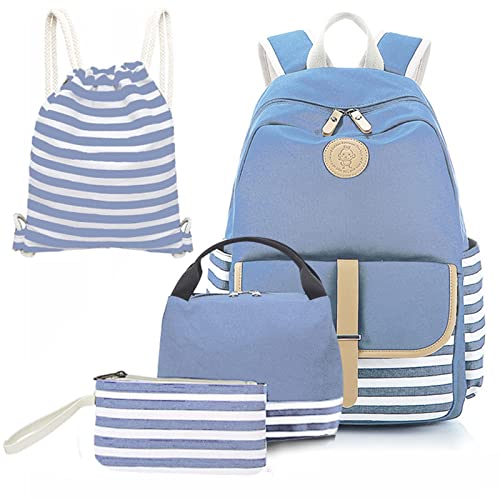 Createy 4 Pcs Canvas Backpack for Girls School Bag Kids Bookbags Teen Backpack Travel Daypack Stripe Backpack with Lunch Box and Pencil Case
