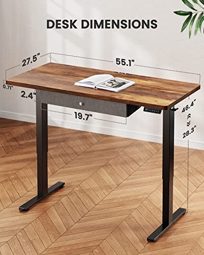 ErGear Electric Standing Desk with Drawer, Adjustable Height Sit Stand Up Desk, Home Office Desk Computer Workstation, 55x28 Inches, Vintage Brown