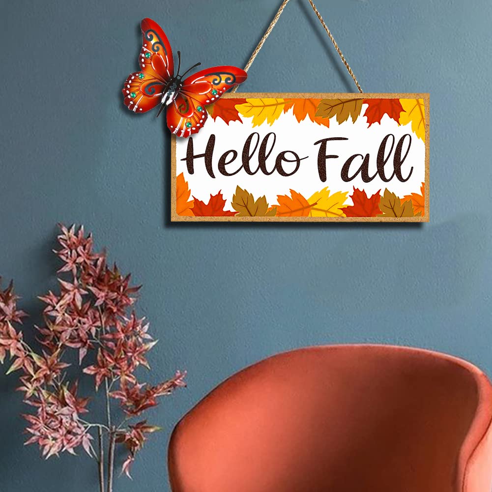 Hello Fall Sign Wall Decor 14" Autumn Harvest Thanksgiving Maple Leaf Sign Rustic Hanging Decorations in Home Art for Front Porch Door Plaque