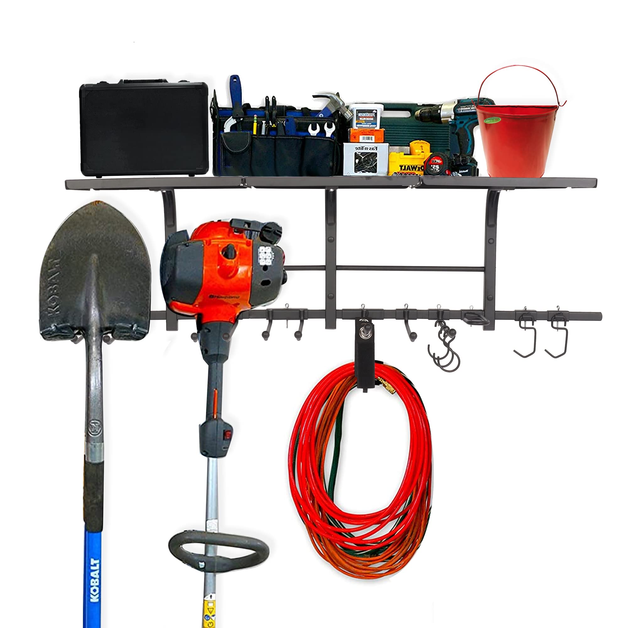 lukar Garage Tool Organizer Wall Mount, Adjustable Garage Tool Storage Rack, Garden Tool Storage Rack with 6 Hooks, Max 290 lbs Garage Storage for Garden Tools,Chair, Broom,Shovels, Trimmers.