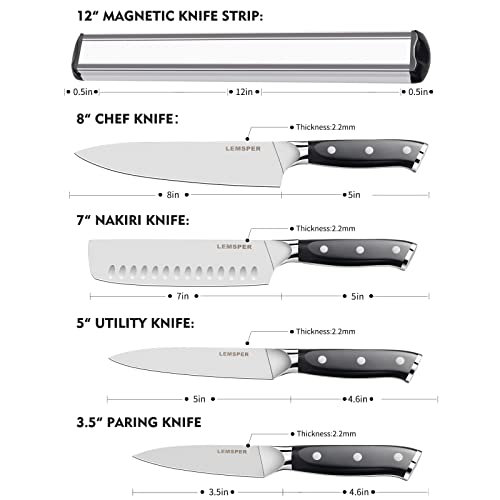 lemsper Professional Chef's Knife Set 5PCS - 3.5-8 Inch Set Kitchen Knives with Magnetic Knife Strip,5Cr15Mov German Carbon Stainless Steel Sharp Knives Set for Kitchen with Gift Box