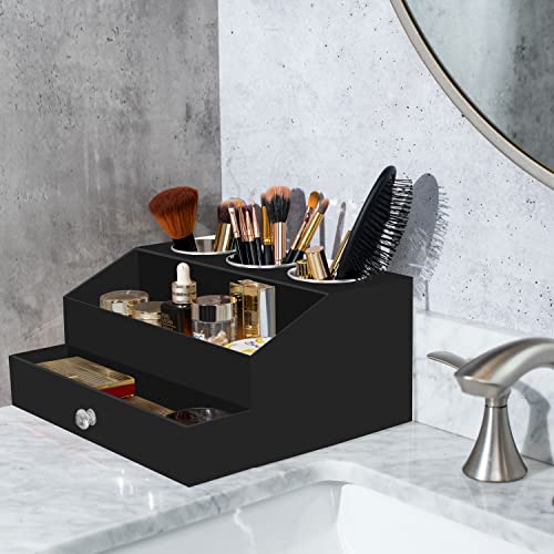 Happy start Acrylic Hair Tool Organizer - Blow Dryer Holder, Hair Styling Tools & Accessories Organizer Vanity Caddy Storage Stand with Heat Resistant Stainless Steel Cups (Drawer, Black)