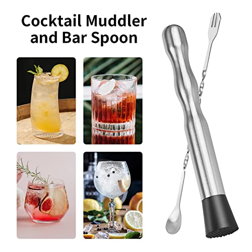 Muddler for Cocktails Bar Spoon - Vaincre 2PCS 9" Muddler and 10β Bar Spoon Cocktail Mixing Spoon, Stainless Steel Cocktail Muddler Long Drink Stirrer Bartender Spoon Cocktail Gifts for Mojitos Drinks
