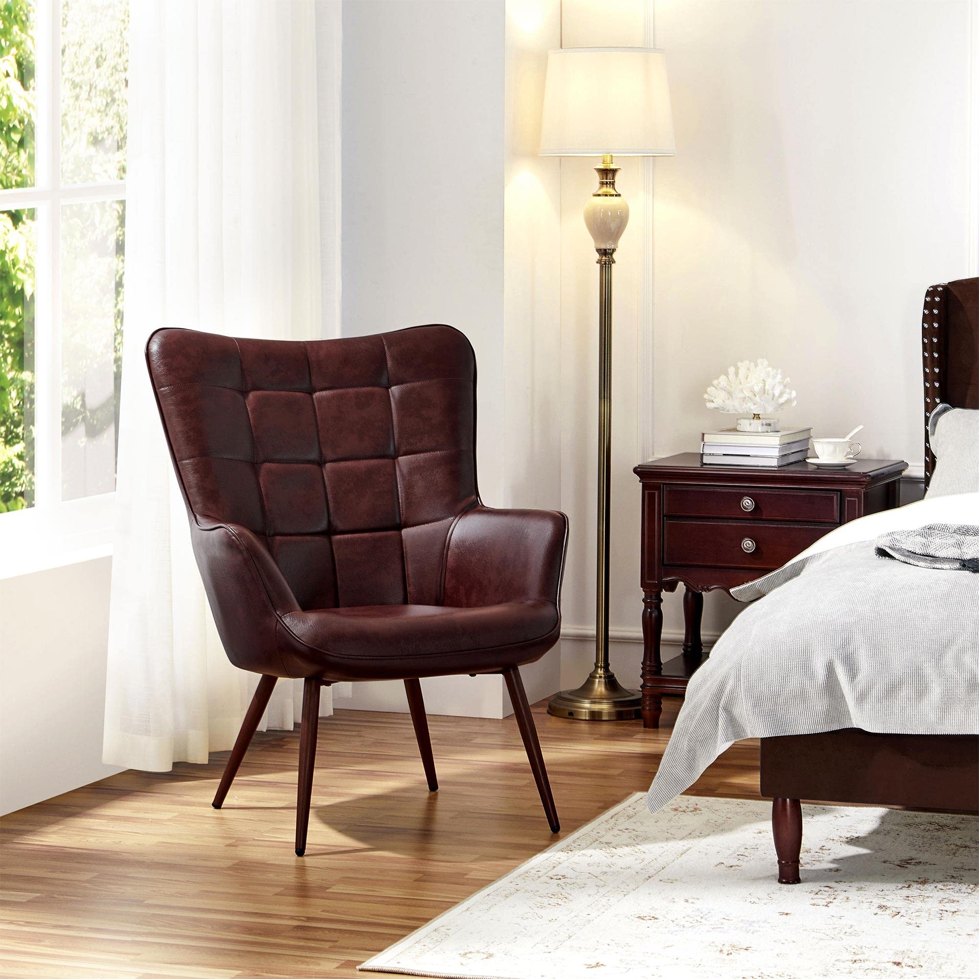 Yaheetech PU Leather Armchair, Mid-Century Accent Chair with Tapered Legs Tufted Sofa High Back Oversized Chairs for Living Room Home Office Bedroom, Chestnut Brown