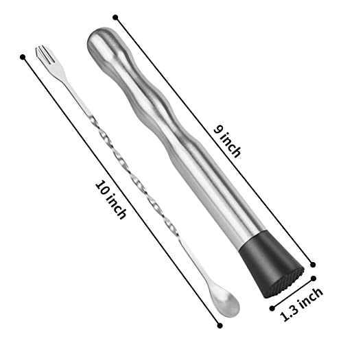 Muddler for Cocktails Bar Spoon - Vaincre 2PCS 9" Muddler and 10β Bar Spoon Cocktail Mixing Spoon, Stainless Steel Cocktail Muddler Long Drink Stirrer Bartender Spoon Cocktail Gifts for Mojitos Drinks