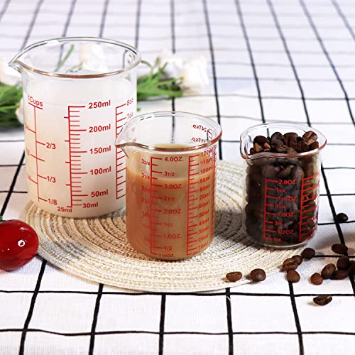 High Borosilicate Glass Measuring Cup Set-V-Shaped Spout,Includes 60ml(2OZ), 120ml(4OZ), and 250ml(8OZ) Glass Measuring Beaker for Kitchen or Restaurant, Easy to Read