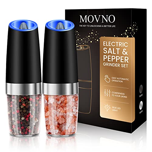 2Pcs Gravity Electric Salt and Pepper Grinder Set, Battery Powered LED Light One Hand Automatic Operation, Adjustable Coarseness Mill Grinders Shakers Black, Kitchen Gadgets Gift Ideas