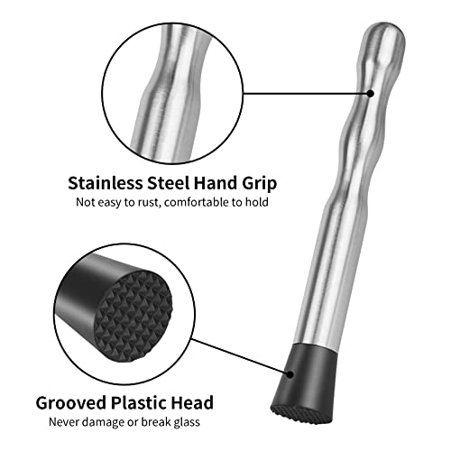 Muddler for Cocktails Bar Spoon - Vaincre 2PCS 9" Muddler and 10β Bar Spoon Cocktail Mixing Spoon, Stainless Steel Cocktail Muddler Long Drink Stirrer Bartender Spoon Cocktail Gifts for Mojitos Drinks
