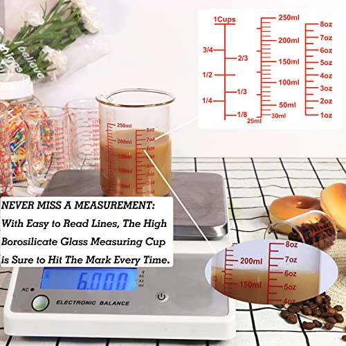 High Borosilicate Glass Measuring Cup Set-V-Shaped Spout,Includes 60ml(2OZ), 120ml(4OZ), and 250ml(8OZ) Glass Measuring Beaker for Kitchen or Restaurant, Easy to Read