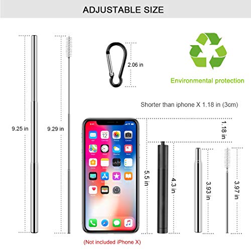 2 Pack Reusable Metal Straws Collapsible Stainless Steel Drinking Straw Travel Portable Telescopic Straw with Case,2 Cleaning Brushes Included Black/Rose Gold
