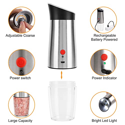 Electric Salt and Pepper Grinder Mill Rechargeable: - USB Automatic Gravity Peppermills Set, Adjustable Grind Coarseness Refillable Auto Peppercorn Shaker, Rechargable Battery Operated