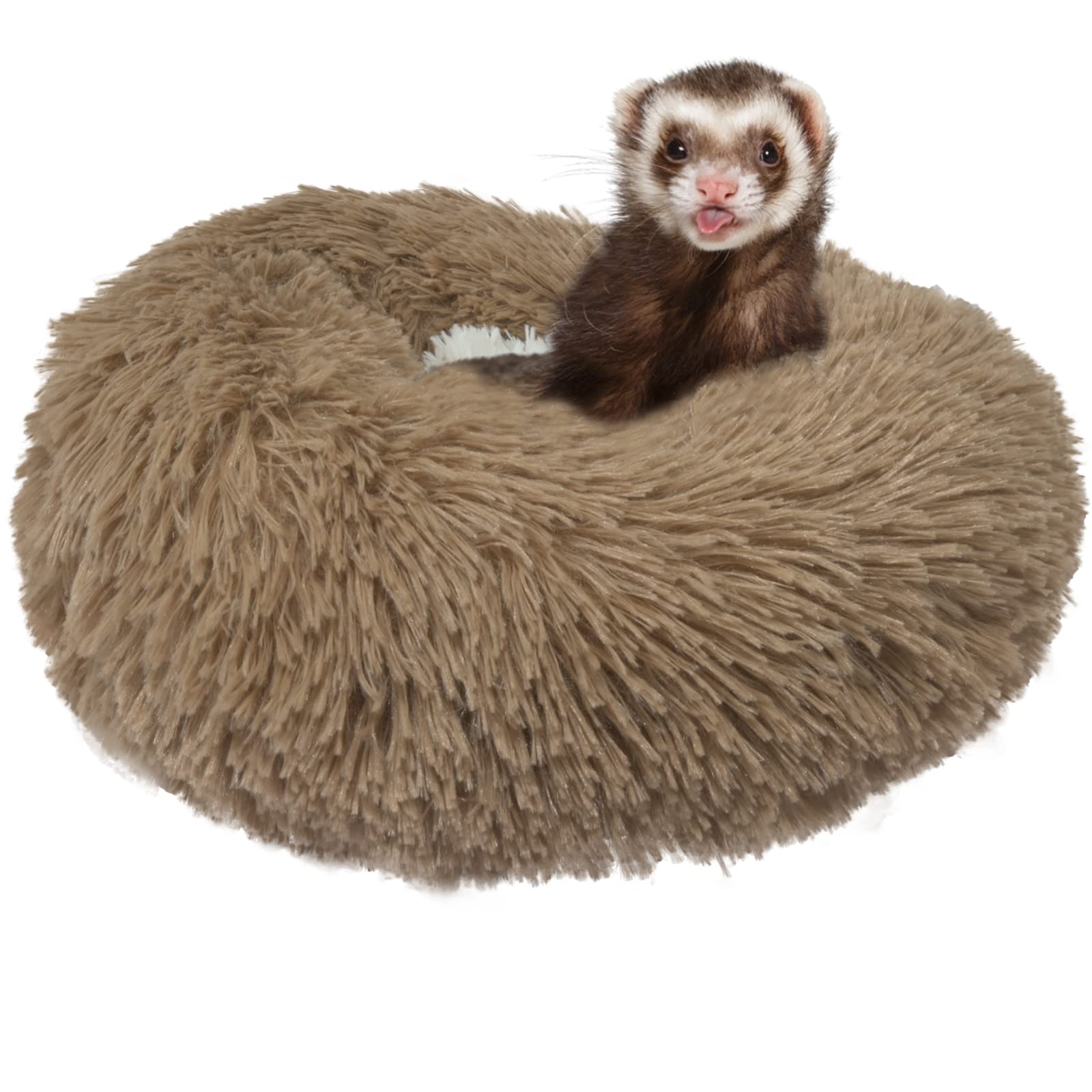 TTANFY Ferret Plush Donut Bed Soft Plush Small Pet Cushion Long Plush & Self-Warming Bed Waterproof Bottom for Ferret Guinea Pig and Small Animals (Brown)