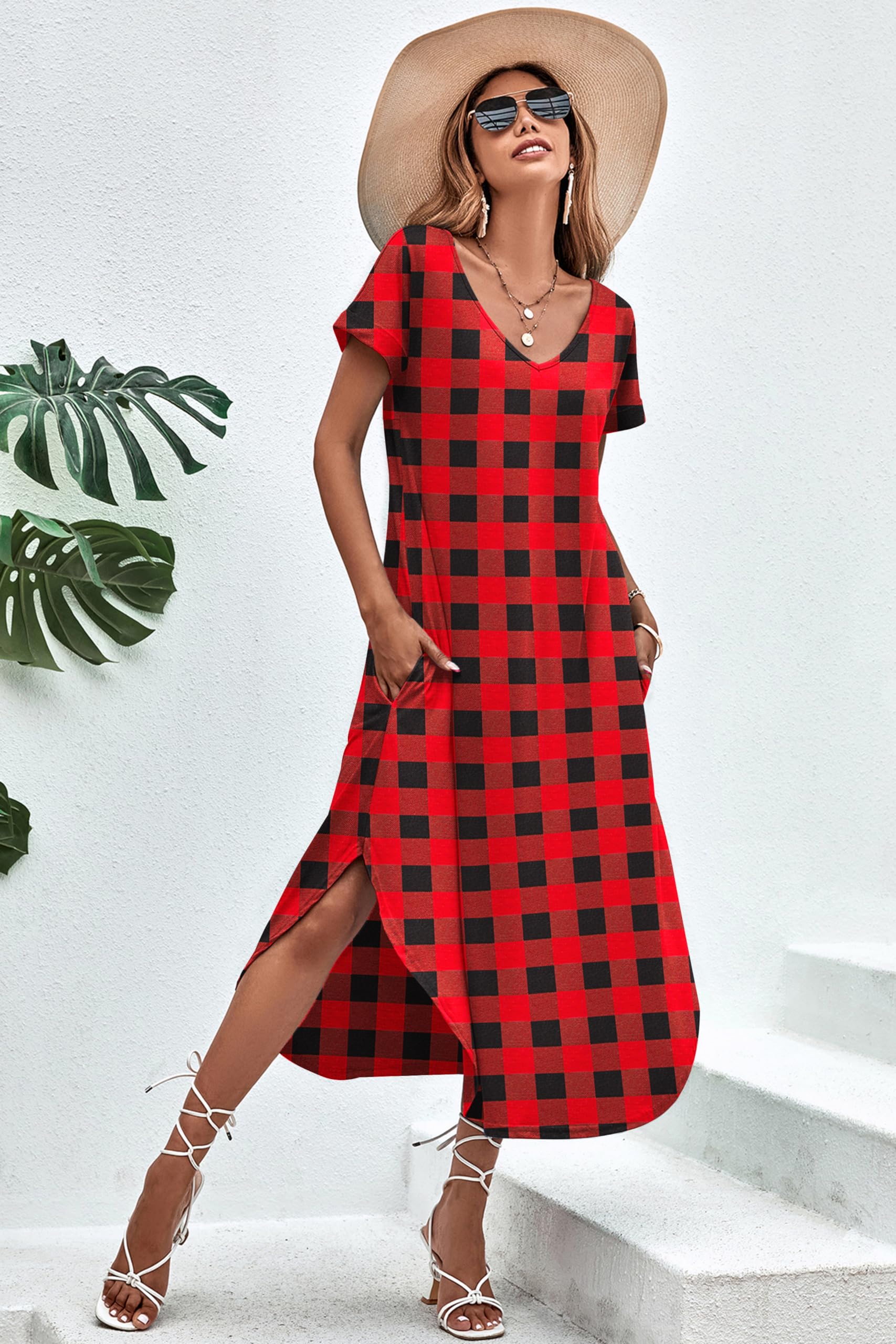 Ekouaer Nightgowns for Women V Neck Nightshirts Short Sleeve Soft Sleepwear Side Split Pockets Long Nightdress