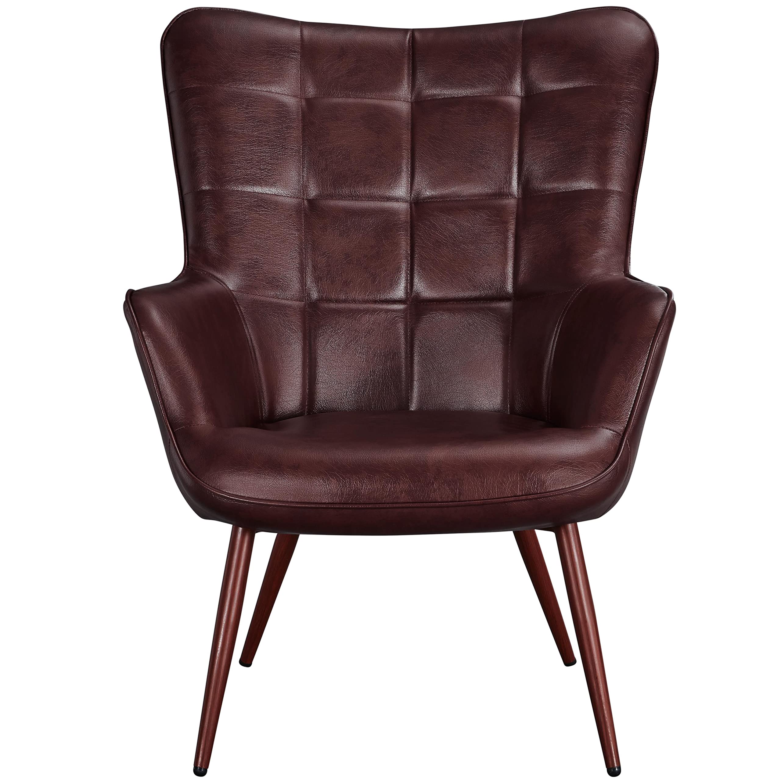 Yaheetech PU Leather Armchair, Mid-Century Accent Chair with Tapered Legs Tufted Sofa High Back Oversized Chairs for Living Room Home Office Bedroom, Chestnut Brown