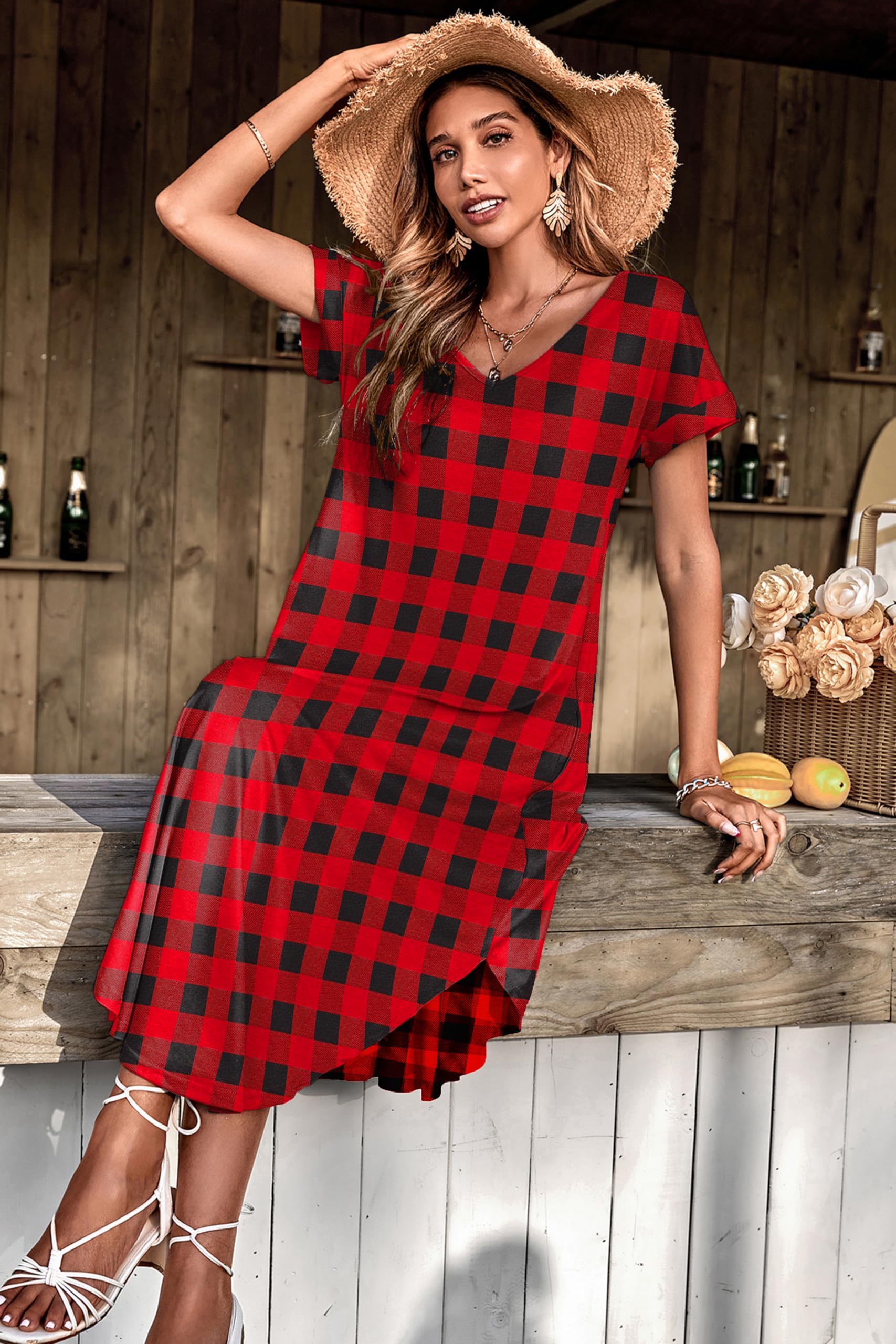 Ekouaer Nightgowns for Women V Neck Nightshirts Short Sleeve Soft Sleepwear Side Split Pockets Long Nightdress