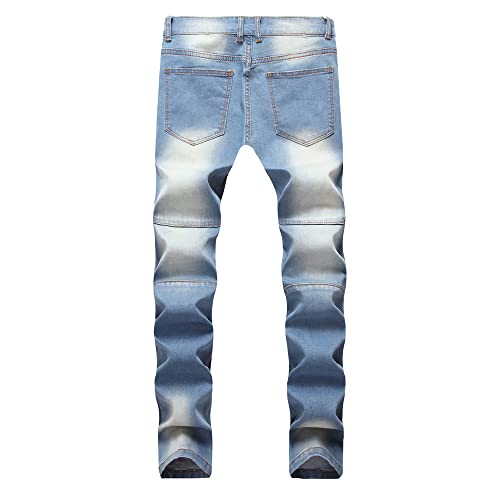 DANT BULUN Men's Ripped Slim Straight Fit Moto Biker Jeans with Zipper Deco(36,9981)