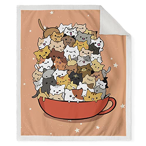 Jekeno Teacup Cats Blanket Orange Soft Warm Print Throw Sherpa Blanket for Kids Adult Office Gift 50"x60"