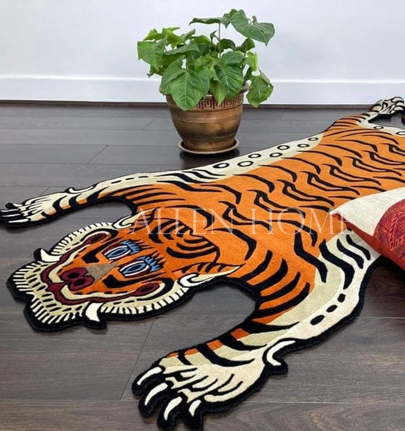 Allen Home Kids Wool Area Rug - Orange Tiger Shape - Tufted Traditional Wool Carpet - Area Rugs Suitable for Living Room, Bedroom, Dining Room - Handcrafted - 100% Wool - 2’ x 3’
