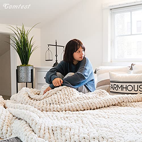 Comtest Chunky Knit Blanket Handmade Soft Throw Blanket Cozy and Warm Cable Knit Blanket for Sofa ＆Home Decor,Beige 40''x80''（Three Seater Sofa/Twin Size）