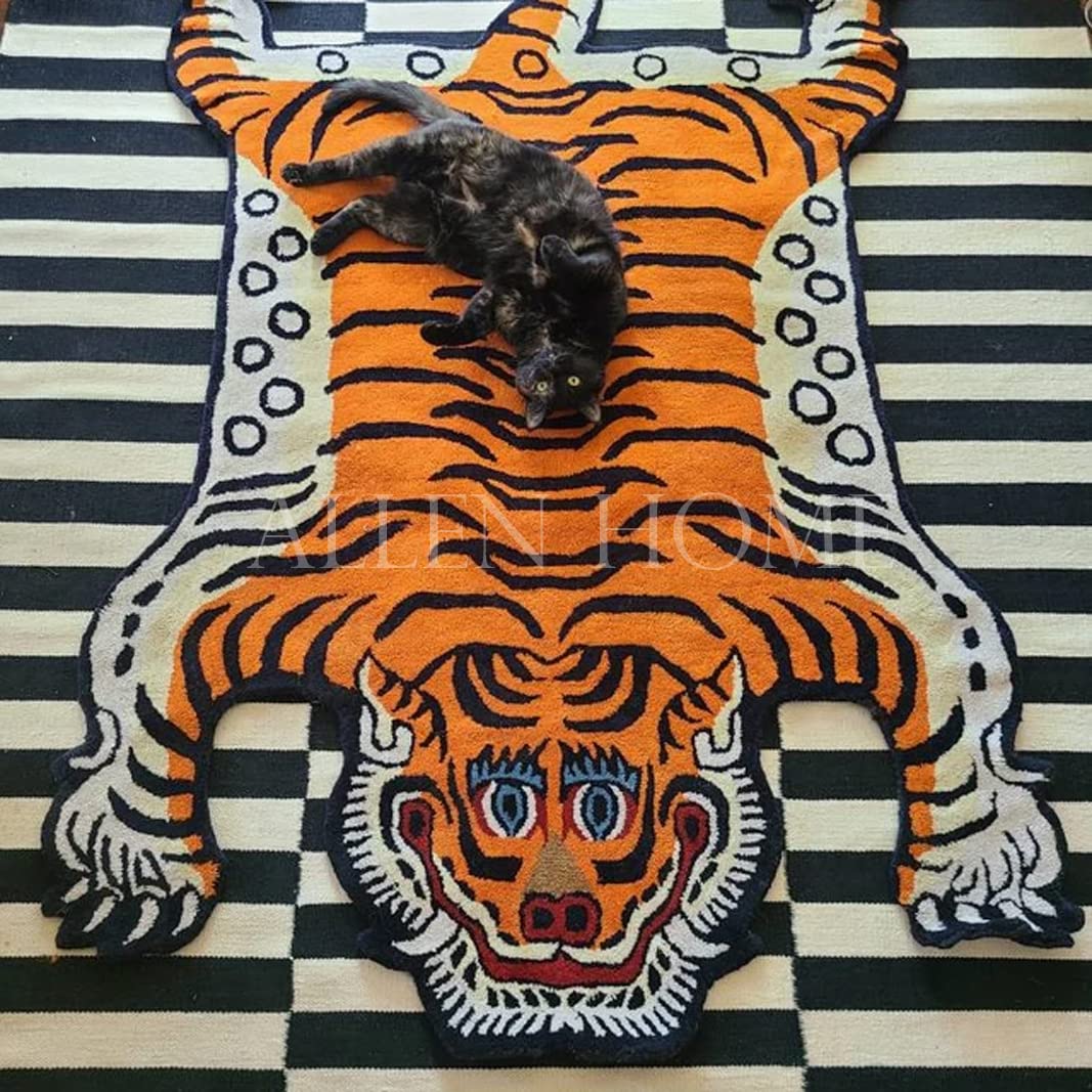 Allen Home Kids Wool Area Rug - Orange Tiger Shape - Tufted Traditional Wool Carpet - Area Rugs Suitable for Living Room, Bedroom, Dining Room - Handcrafted - 100% Wool - 2’ x 3’
