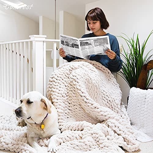 Comtest Chunky Knit Blanket Handmade Soft Throw Blanket Cozy and Warm Cable Knit Blanket for Sofa ＆Home Decor,Beige 40''x80''（Three Seater Sofa/Twin Size）