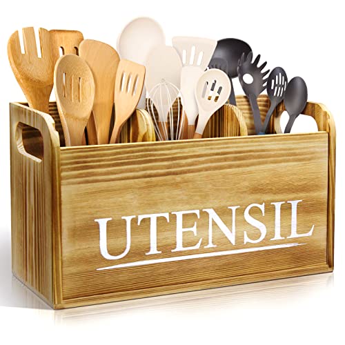 brekle Rustic Kitchen Utensil Holder Larger Wooden Utensil Holder for Kitchen Counter 3 Compartment for Efficient Utensil Organizer and Cooking Tools Storage