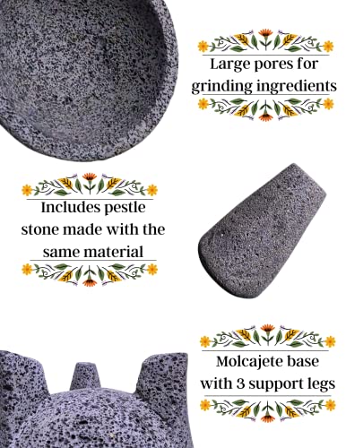 YOPIDO MX Molcajete 9 inch with Pig Design; Spice Mortar; Made with Volcanic Stone; Molcajete Handmade in México; Guacamole and Salsa Maker; Includes Pestle Stone