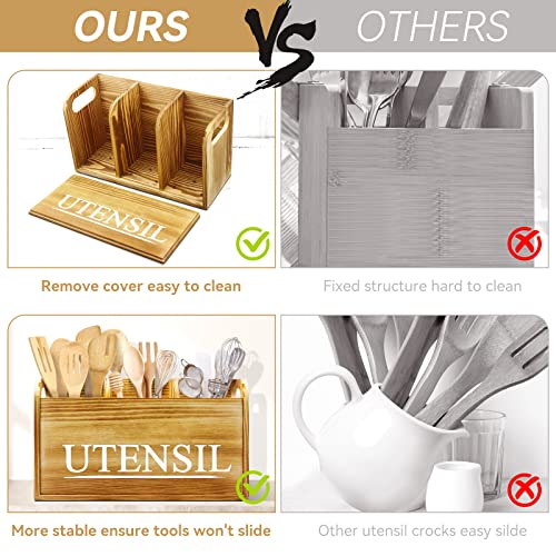 brekle Rustic Kitchen Utensil Holder Larger Wooden Utensil Holder for Kitchen Counter 3 Compartment for Efficient Utensil Organizer and Cooking Tools Storage