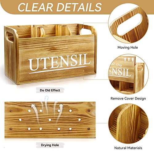 brekle Rustic Kitchen Utensil Holder Larger Wooden Utensil Holder for Kitchen Counter 3 Compartment for Efficient Utensil Organizer and Cooking Tools Storage