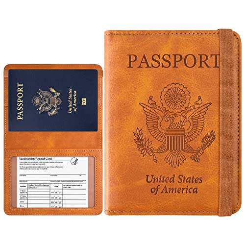ACdream Passport and Vaccine Card Holder Combo, Leather Cover Case with Vaccination Card Slot, Travel Essentials Protector Organizer for International Documents, Protection Sleeve Couch, Calf Brown