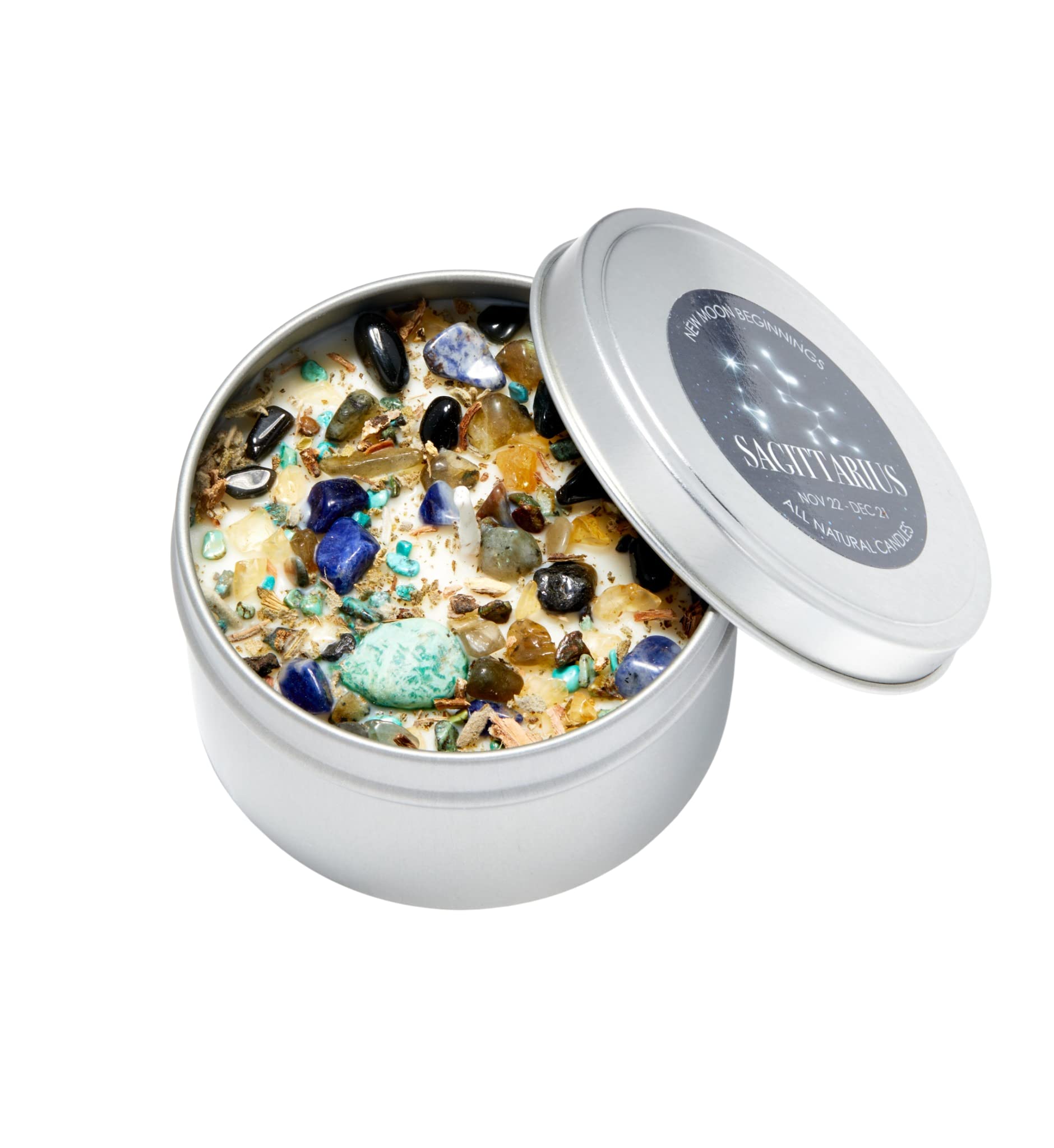 Sagittarius Zodiac Candle (Nov. 22 - Dec. 21) - Soy Candle - All Natural Aromatherapy Candle - Sagittarius Horoscope Candle - Crystal Candles - 8 oz Tin